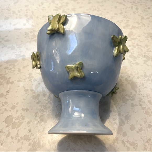 Accents | Sky Blue Pedestal Planter With Stylized Green Butterflies ...